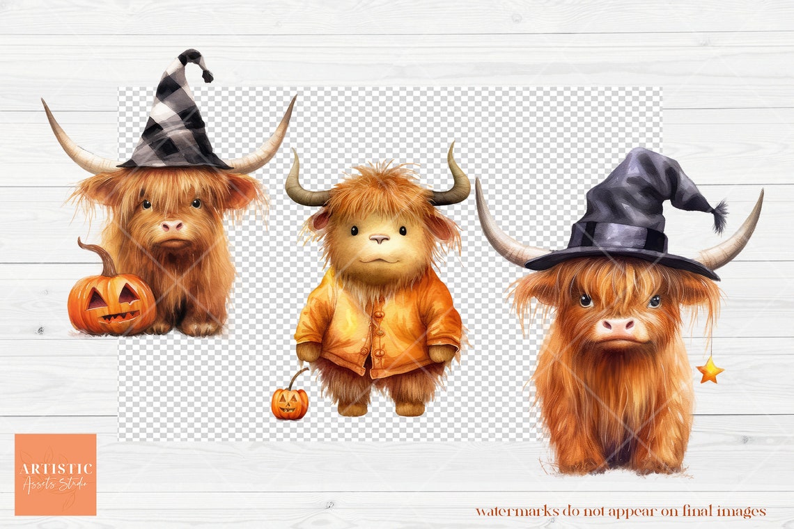 Halloween Baby Highland Cows Watercolor Clipart | Cows in Witch Hats ...