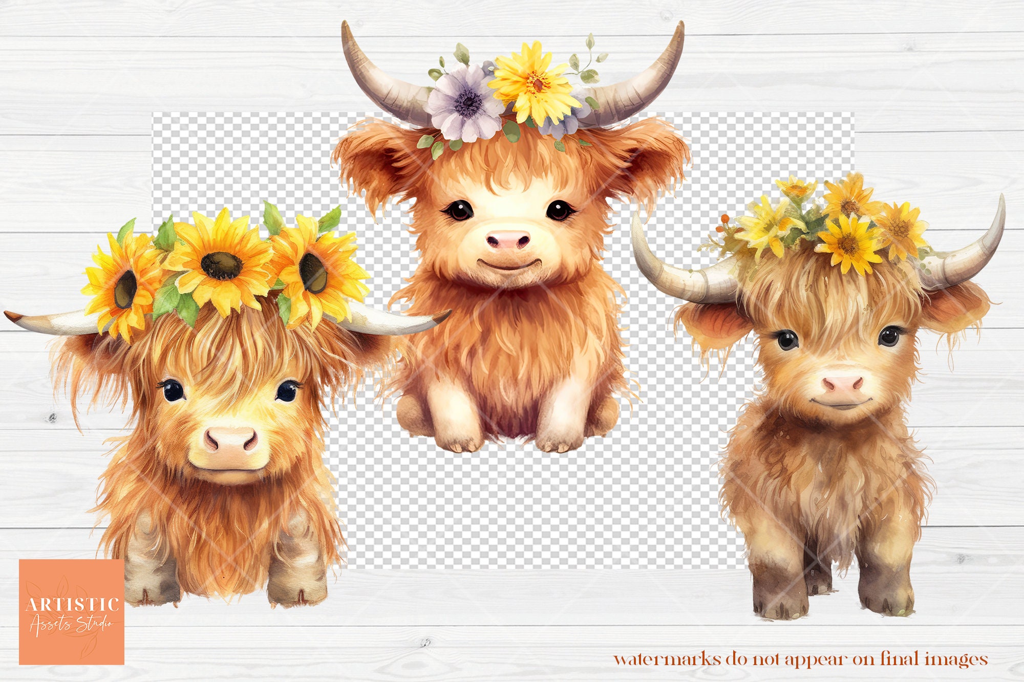 Cute Baby Highland Cow With Flower Crowns Watercolor Clipart Boho ...