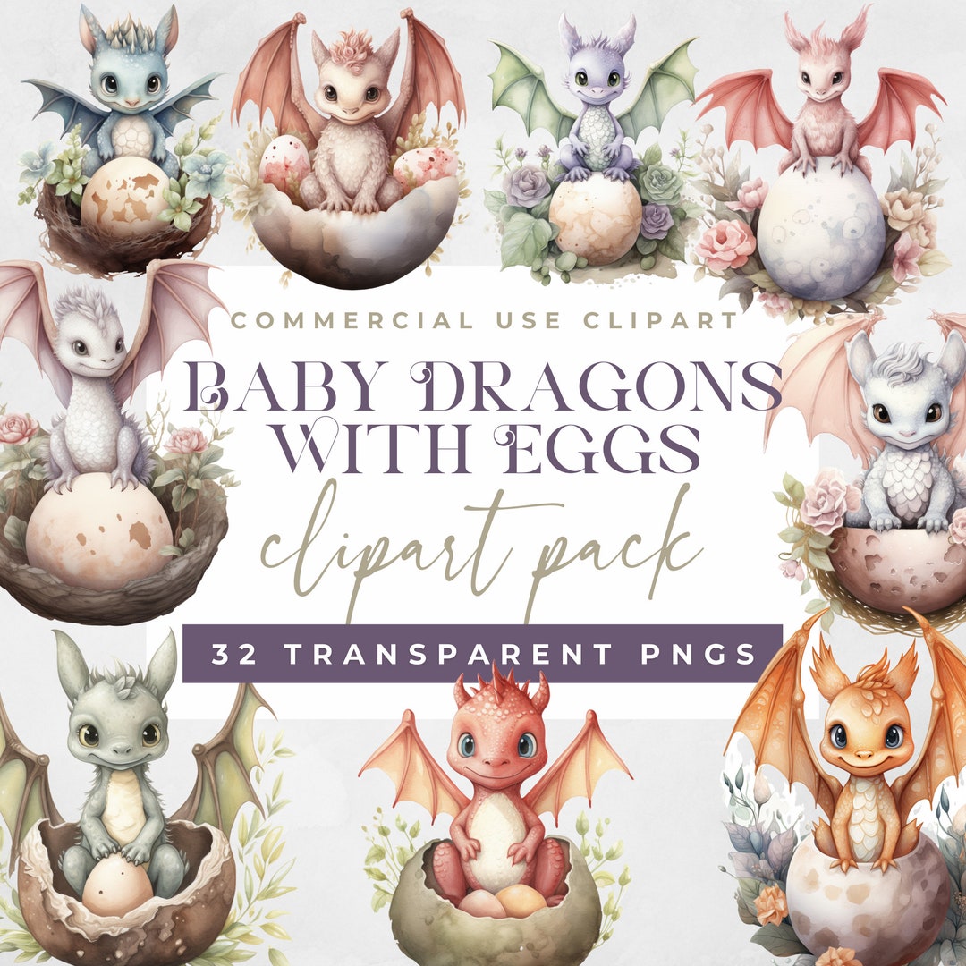 Baby Dragons Clipart | Cute Dragons in Eggs | Watercolor Dragons ...