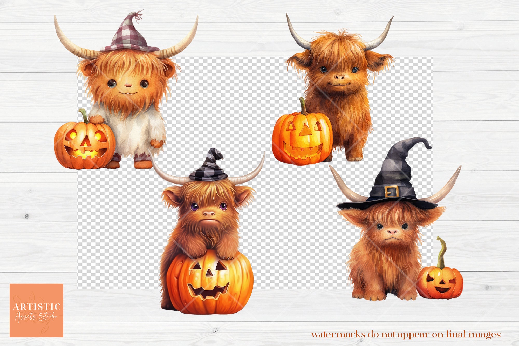 Halloween Baby Highland Cows Watercolor Clipart | Cows in Witch Hats ...