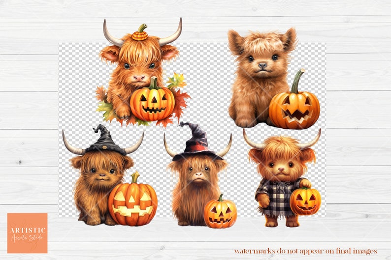 Halloween Baby Highland Cows Watercolor Clipart | Cows in Witch Hats ...