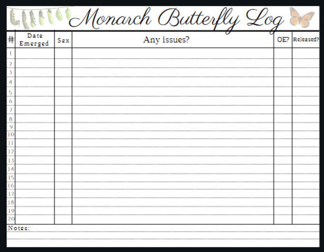 Monarch Butterfly Log, for Butterfly Raisers, Butterfly Log, Butterfly ...