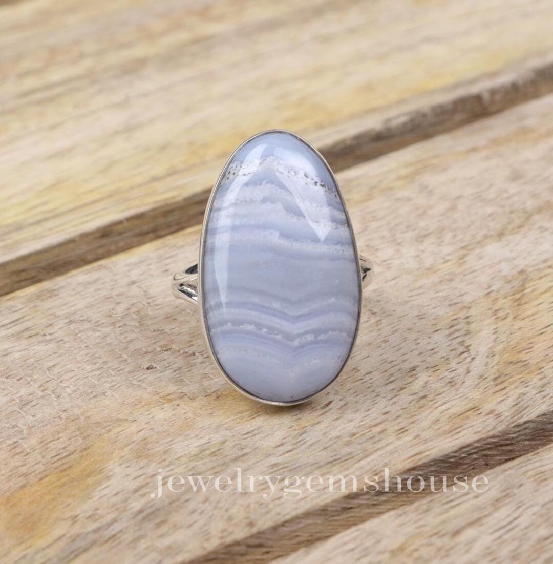 Blue Lace Agate Ring, 925 Sterling Silver Ring, Oval Shaped Ring, Boho ...