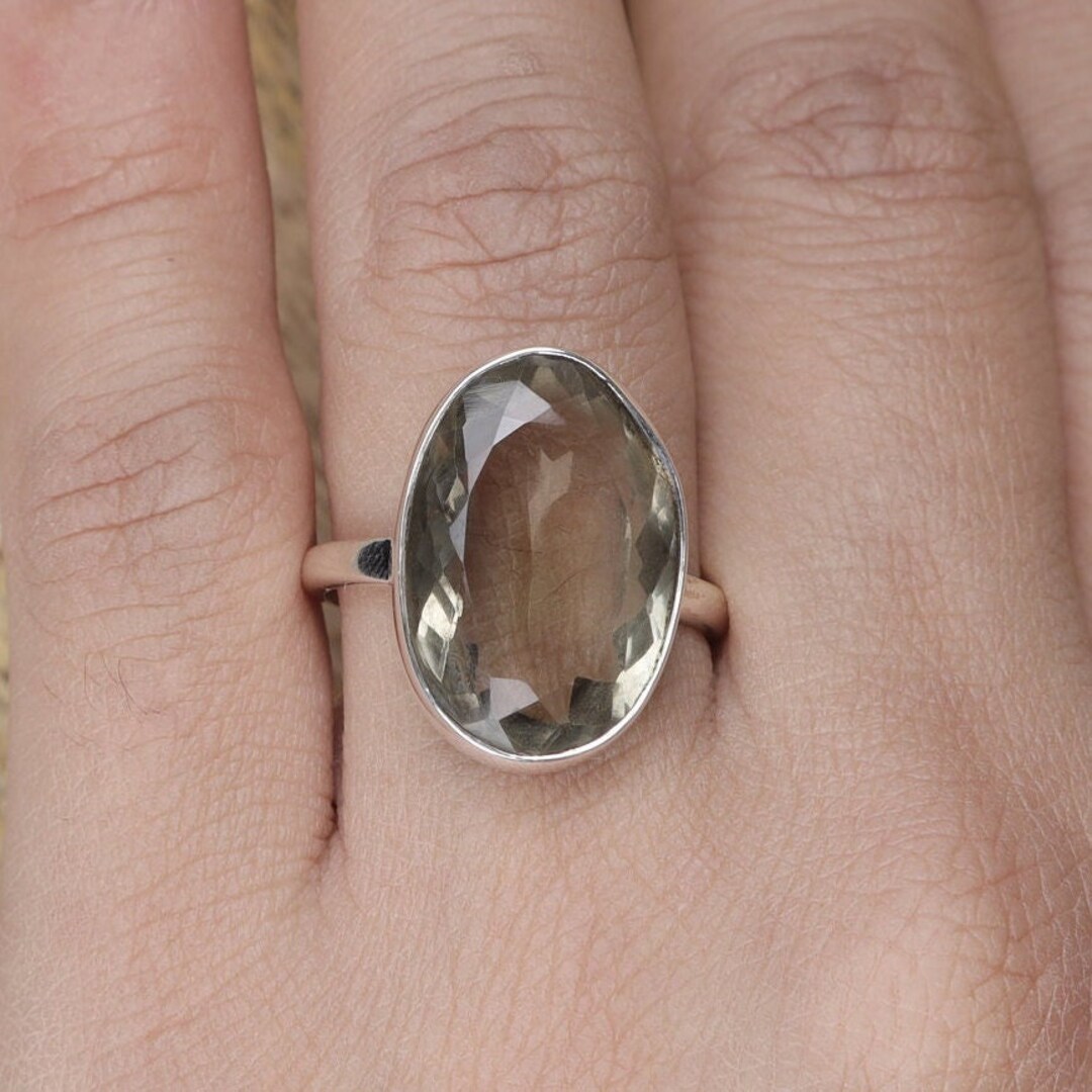 Green Amethyst Ring, 925 Sterling Silver Ring, Faceted Gemstone Ring ...