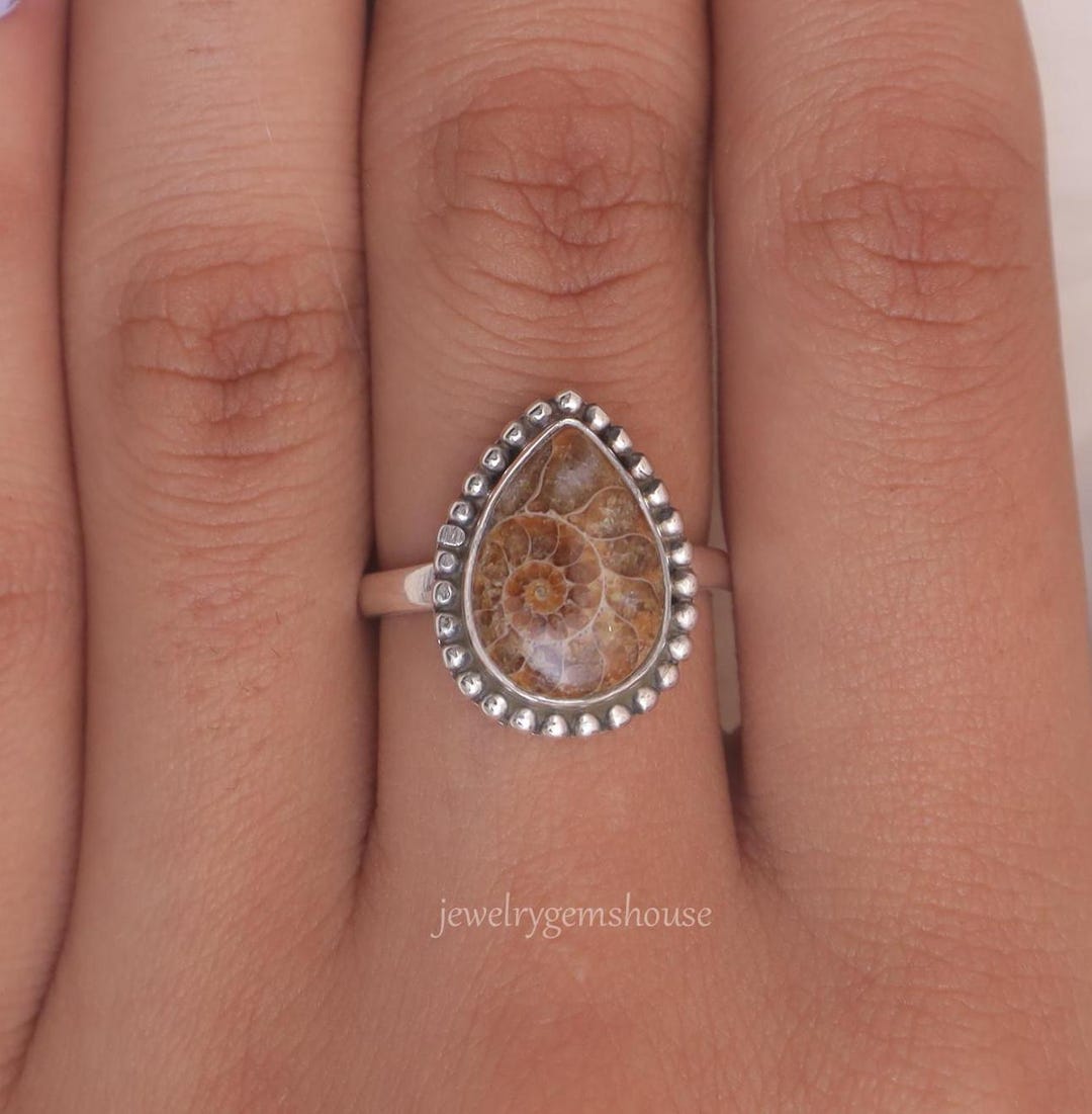Ammonite Ring, 925 Sterling Silver Ring, Pear Shape Ring, Boho Gemstone ...