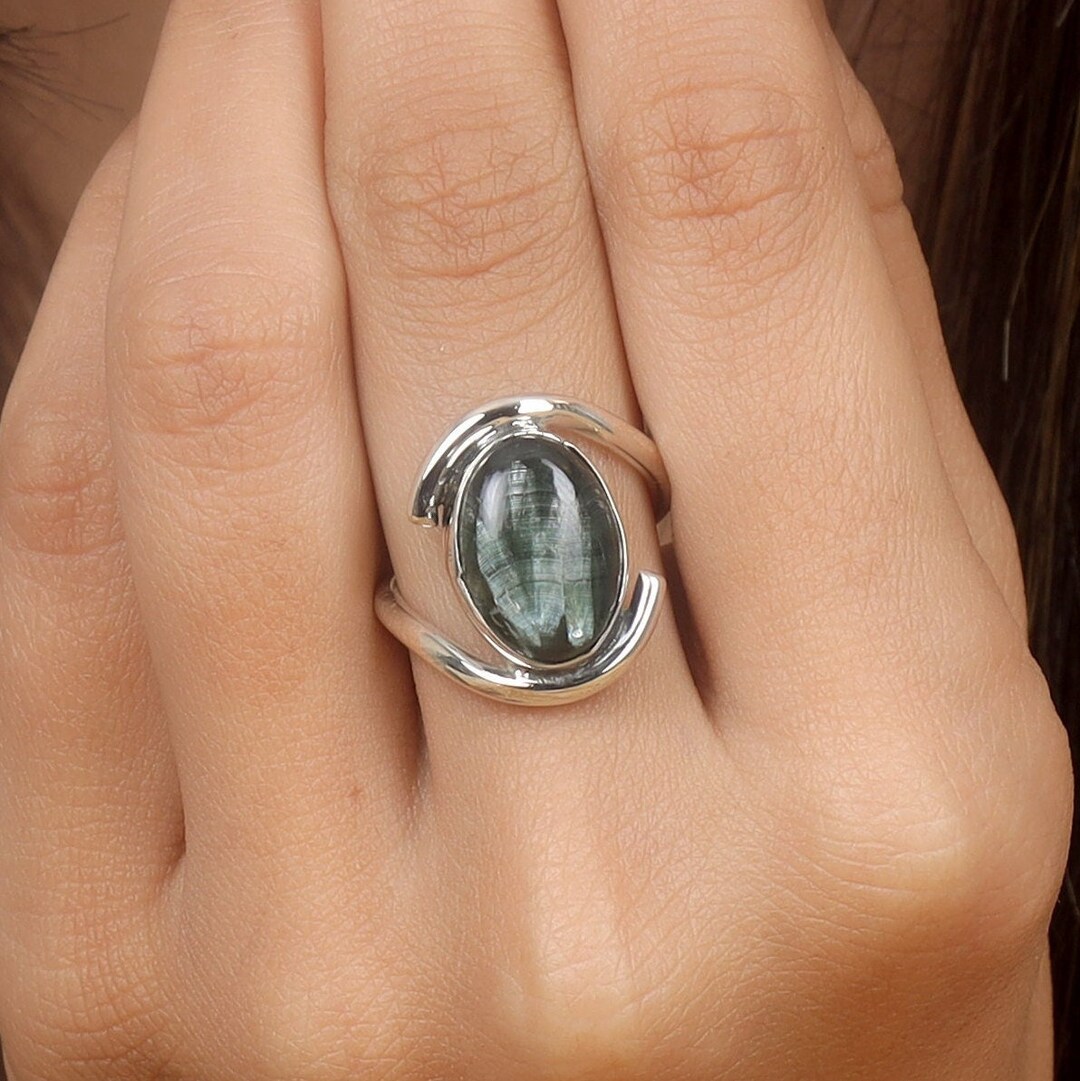 Seraphinite Ring, Sterling Silver Ring, Handmade Ring, Oval Ring, Boho ...