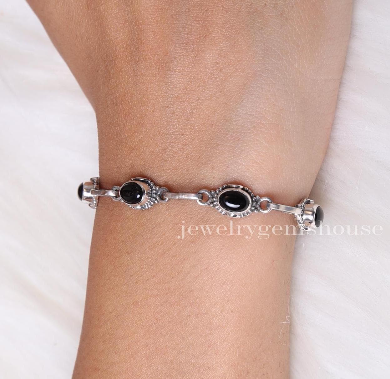 Natural Black Onyx Bracelet, 925 Solid Sterling Silver Bracelet, Oval ...