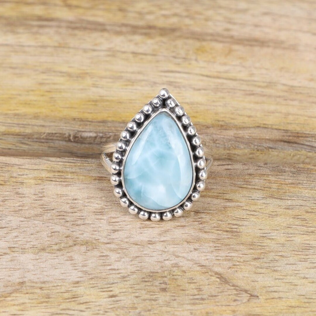 Natural Larimar Ring, 925 Sterling Silver Ring, Teardrop Shaped Ring ...