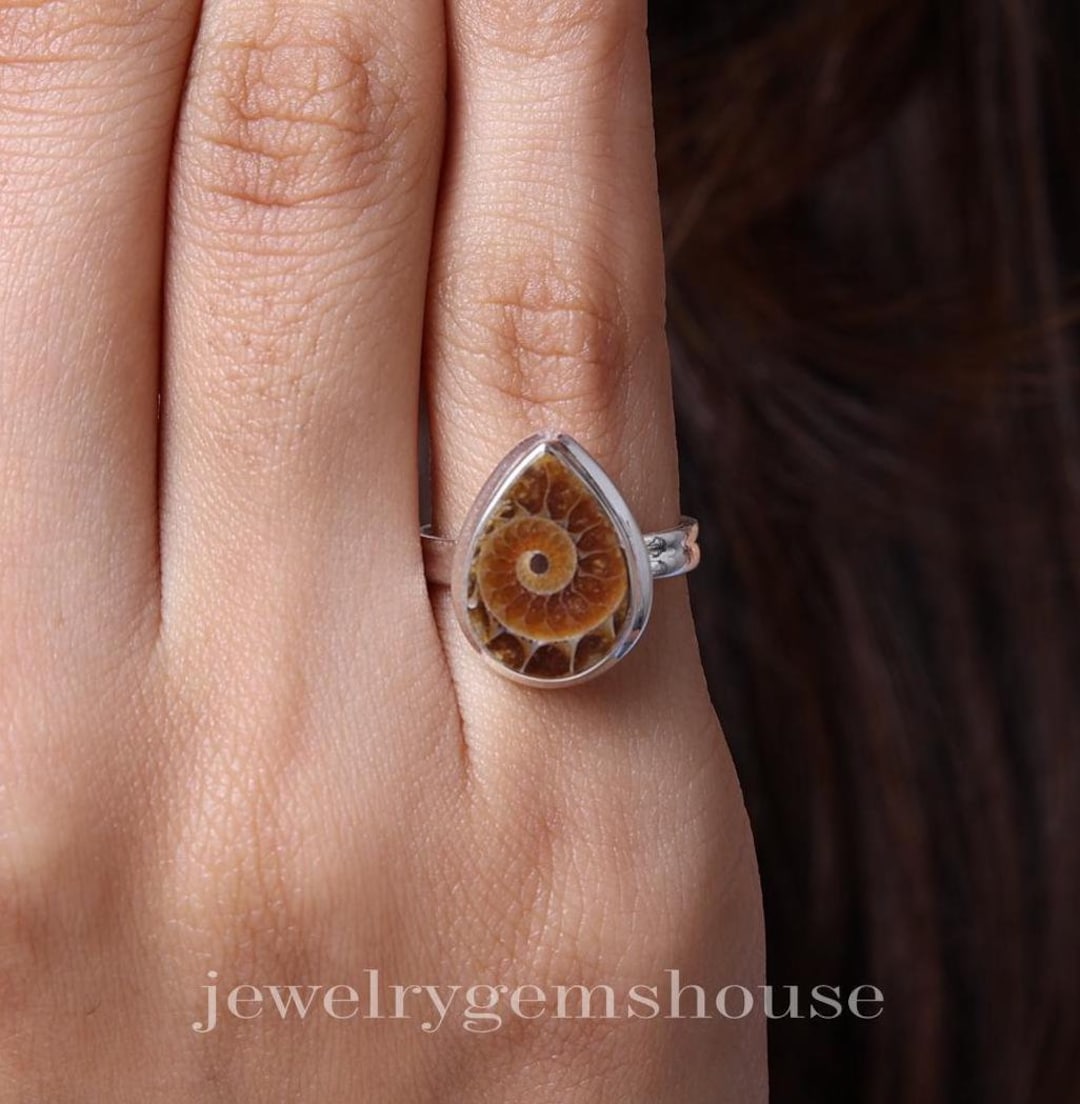 Ammonite Ring, 925 Sterling Silver Ring, Gemstone Ring, Pear Ammonite ...