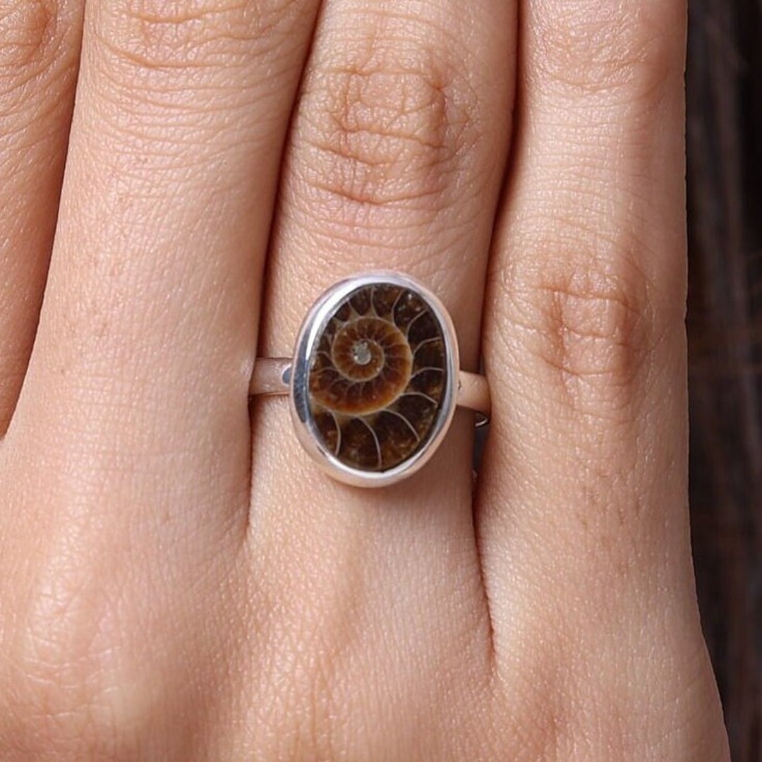 Natural Ammonite Ring, 925 Sterling Silver Ring, Oval Shaped Ring ...