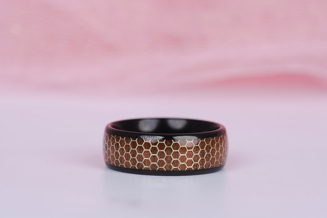 Honeycomb Pattern Mens Wedding Ring, Cut Out Rosewood Ring, Black ...
