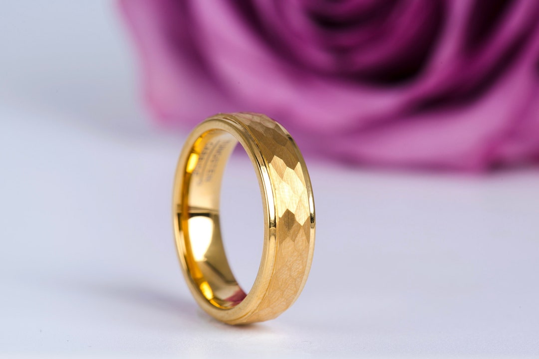 14k Solid Gold Plated Tungsten Ring, Mens Wedding Band, Tungsten Ring ...