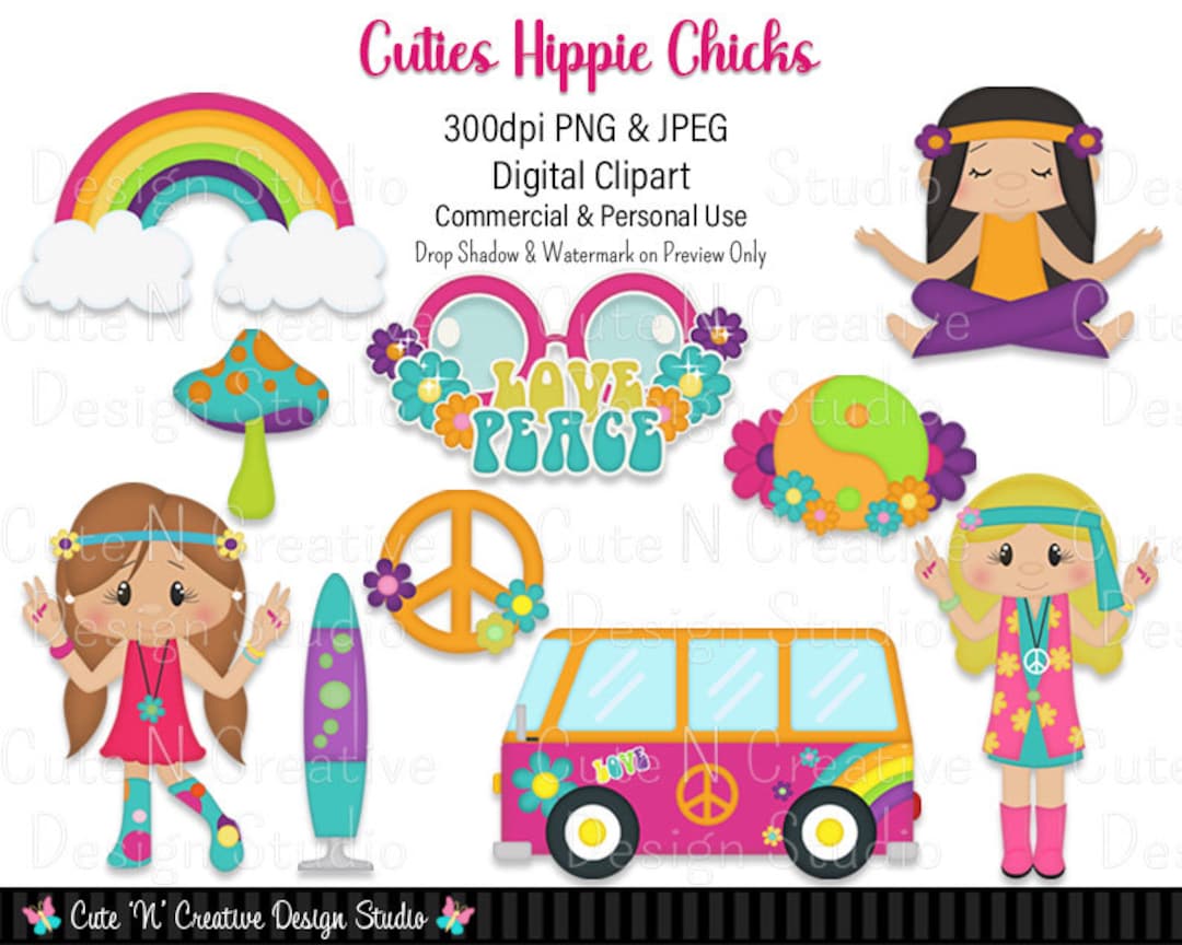 Cuties Hippie Chicks Digital Clip Art Set ~ Graphics Kristi W Designs ...