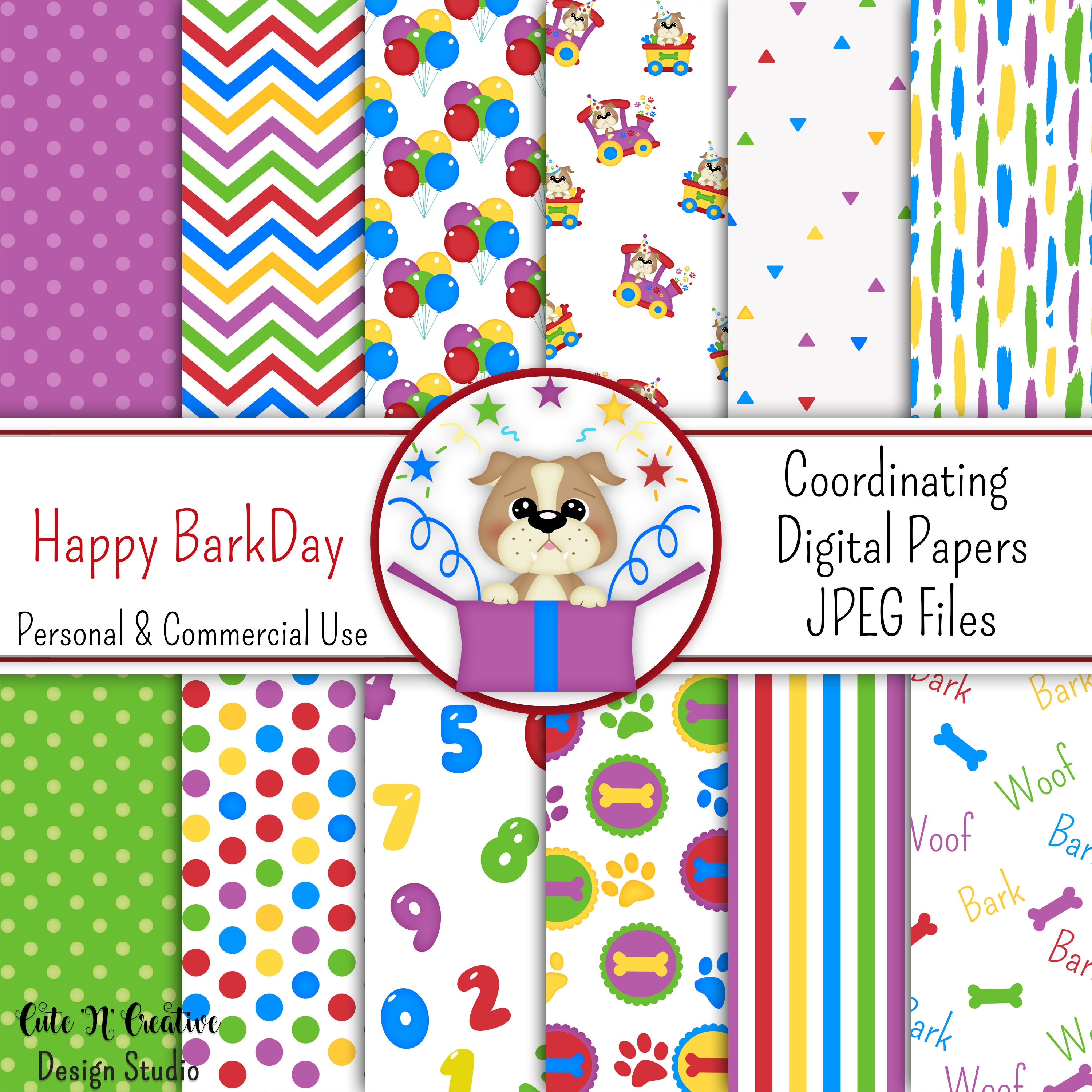 Happy Barkday Coordinating Digital Paper Pack Graphics Kristi W Designs ...