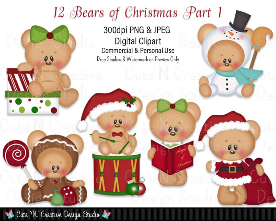 12 Bears of Christmas Part 1 Digital Clip Art Set ~ Graphics Kristi W ...