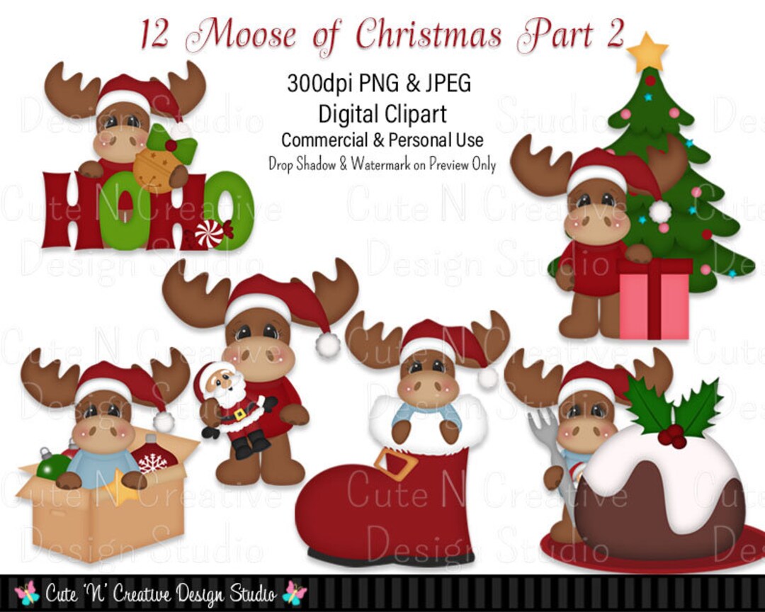 12 Moose of Christmas Part 2 Digital Clip Art Set ~ Graphics Kristi W ...