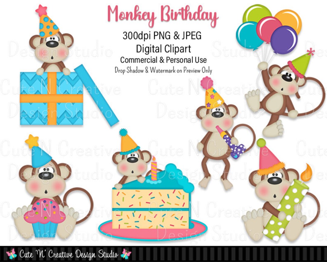 Monkey Birthday Digital Clip Art Set ~ Graphics Kristi W Designs ...