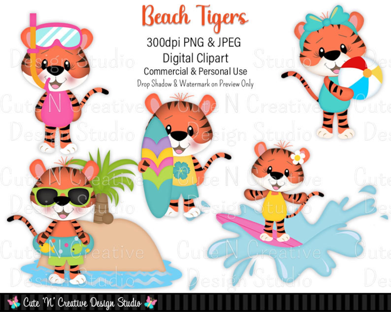 Beach Tigers Digital Clip Art Set ~ Graphics Kristi W Designs Personal ...