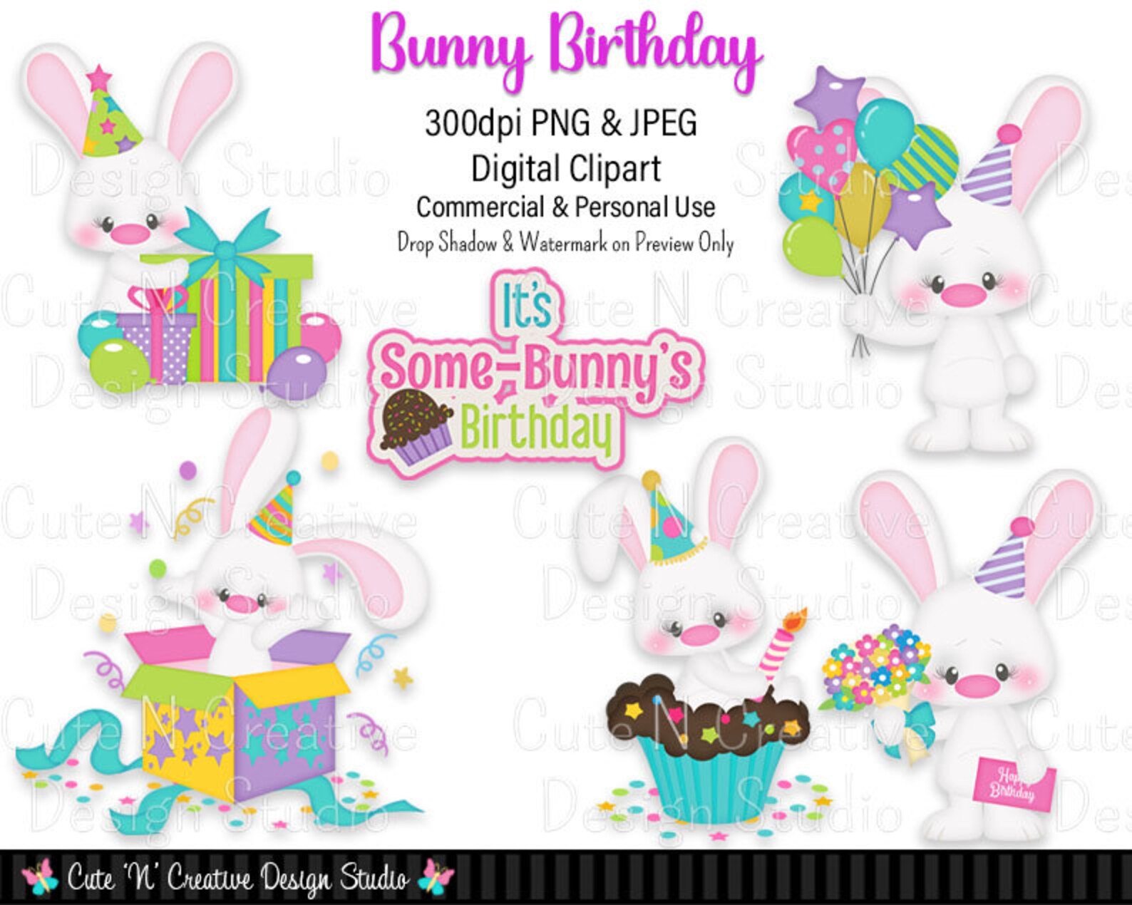 Bunny Birthday Digital Clip Art Set ~ Graphics Kristi W Designs Party ...