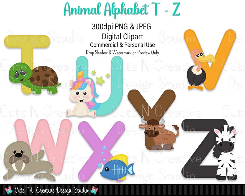 Animal Alphabet T-Z Digital Clip Art Set ~ Graphics Kristi W Designs ...