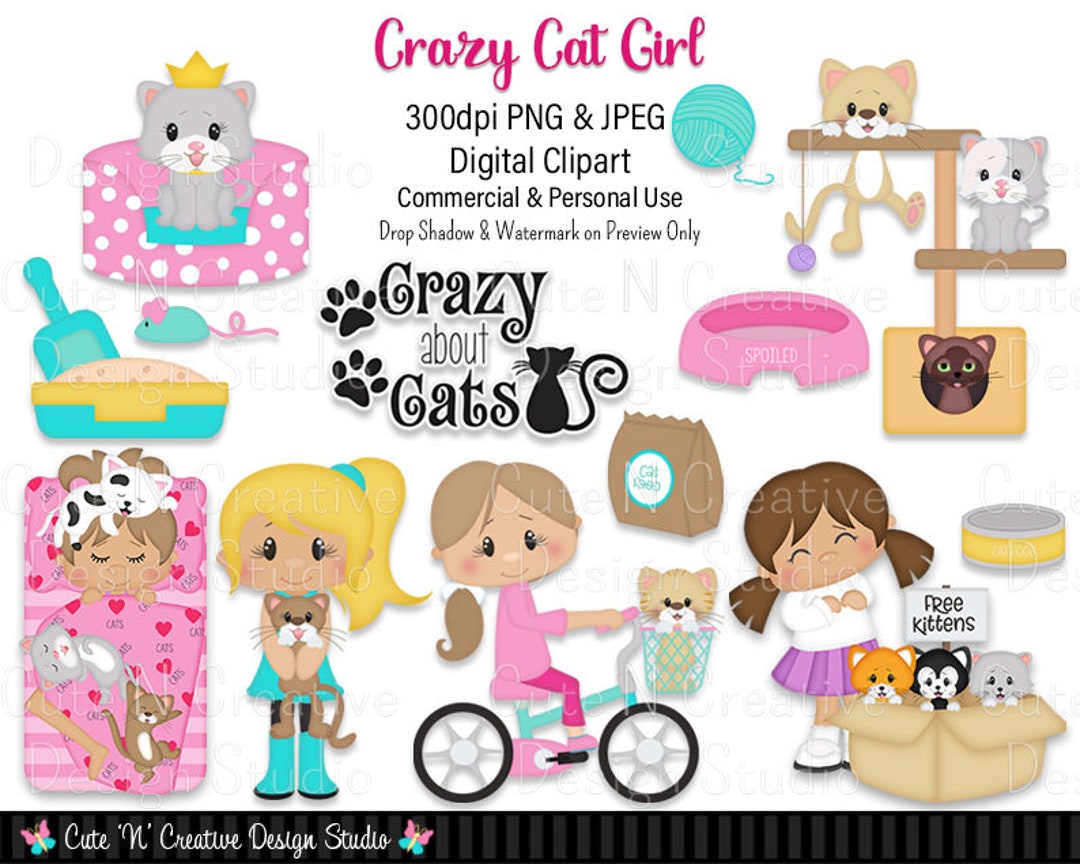 Crazy Cat Girl Digital Clip Art Set Graphics Kristi W Designs Personal And Commercial Use