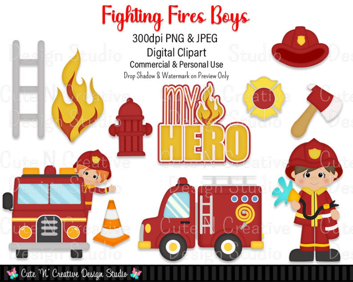 Fighting Fires Boys Digital Clip Art Set ~ Graphics Kristi W Designs ...