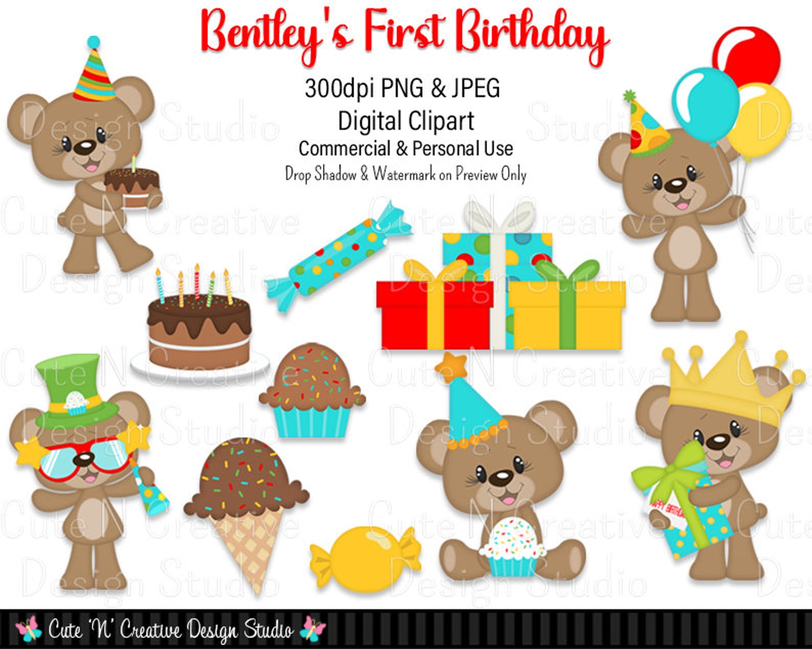 Bentley's First Birthday Digital Clip Art Set ~ Graphics Kristi W ...