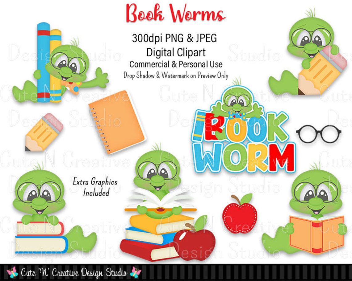Book Worms Digital Clip Art Set ~ Graphics Kristi W Designs Personal ...