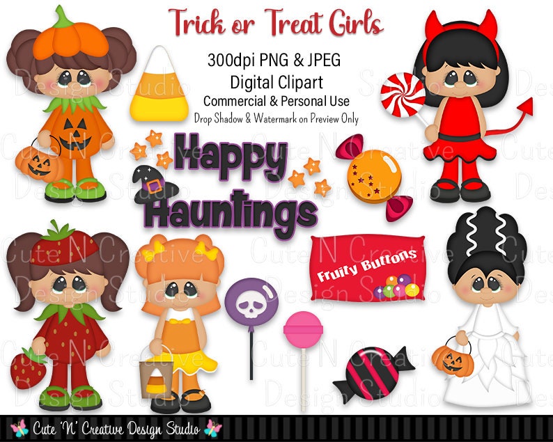 Trick or Treat Girls Digital Clip Art Set ~ Graphics Kristi W Designs ...