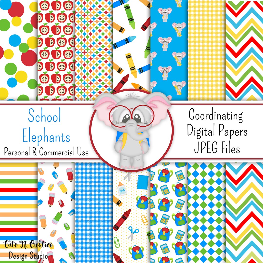 School Elephants Coordinating Digital Paper Pack ~ Graphics Kristi W ...