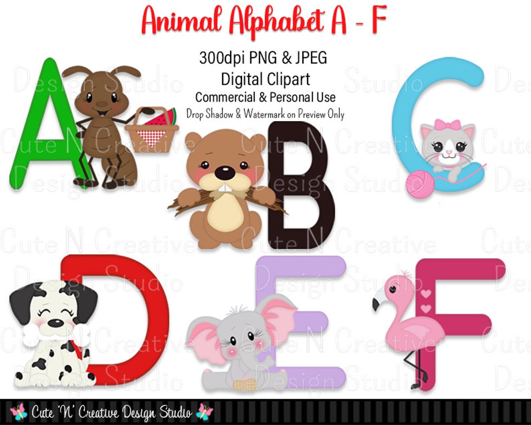 Animal Alphabet A-F Digital Clip Art Set ~ Graphics Kristi W Designs ...
