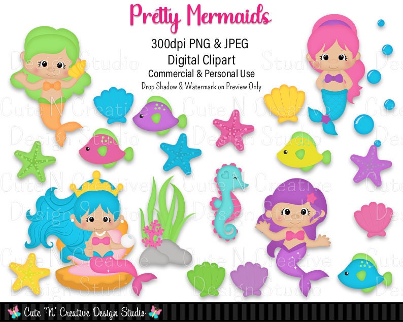 Pretty Mermaids Digital Clip Art Set ~ Graphics Kristi W Designs ...