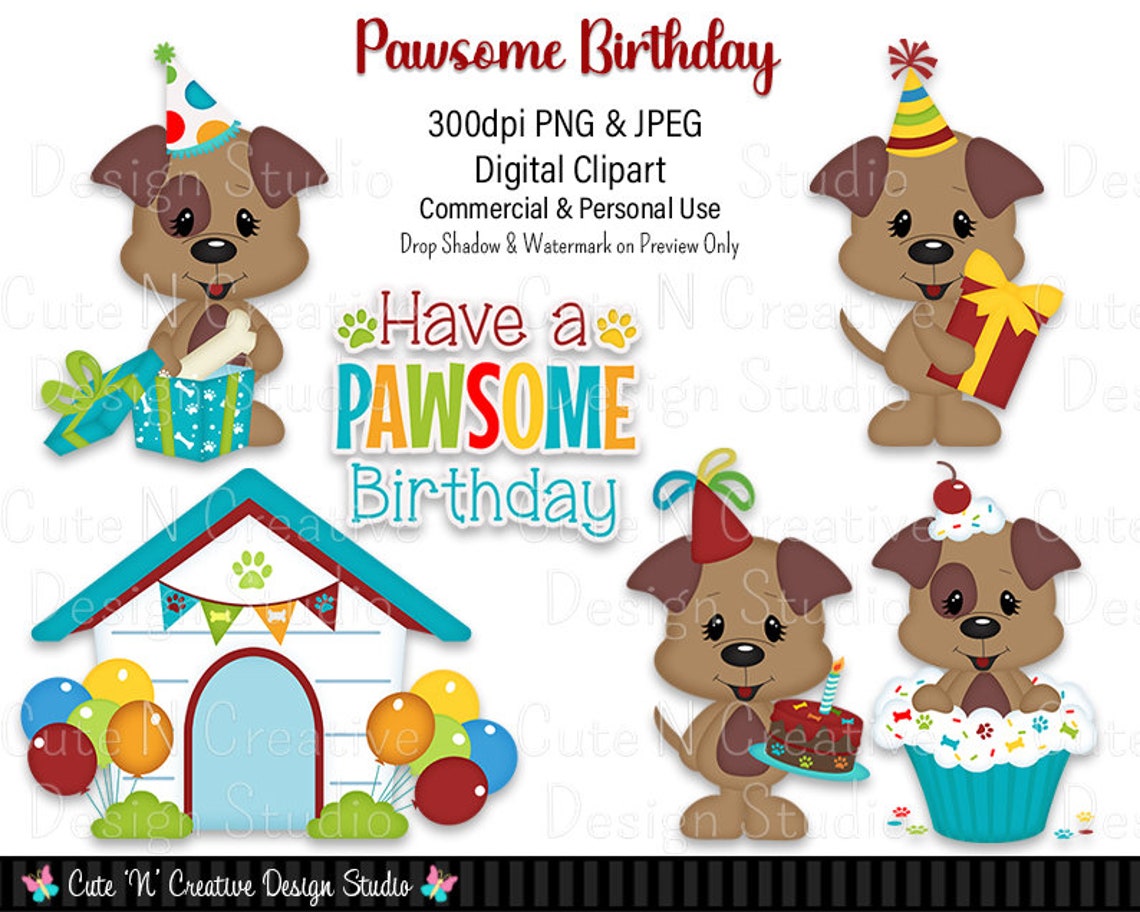 Pawsome Birthday Digital Clip Art Set ~ Graphics Kristi W Designs ...
