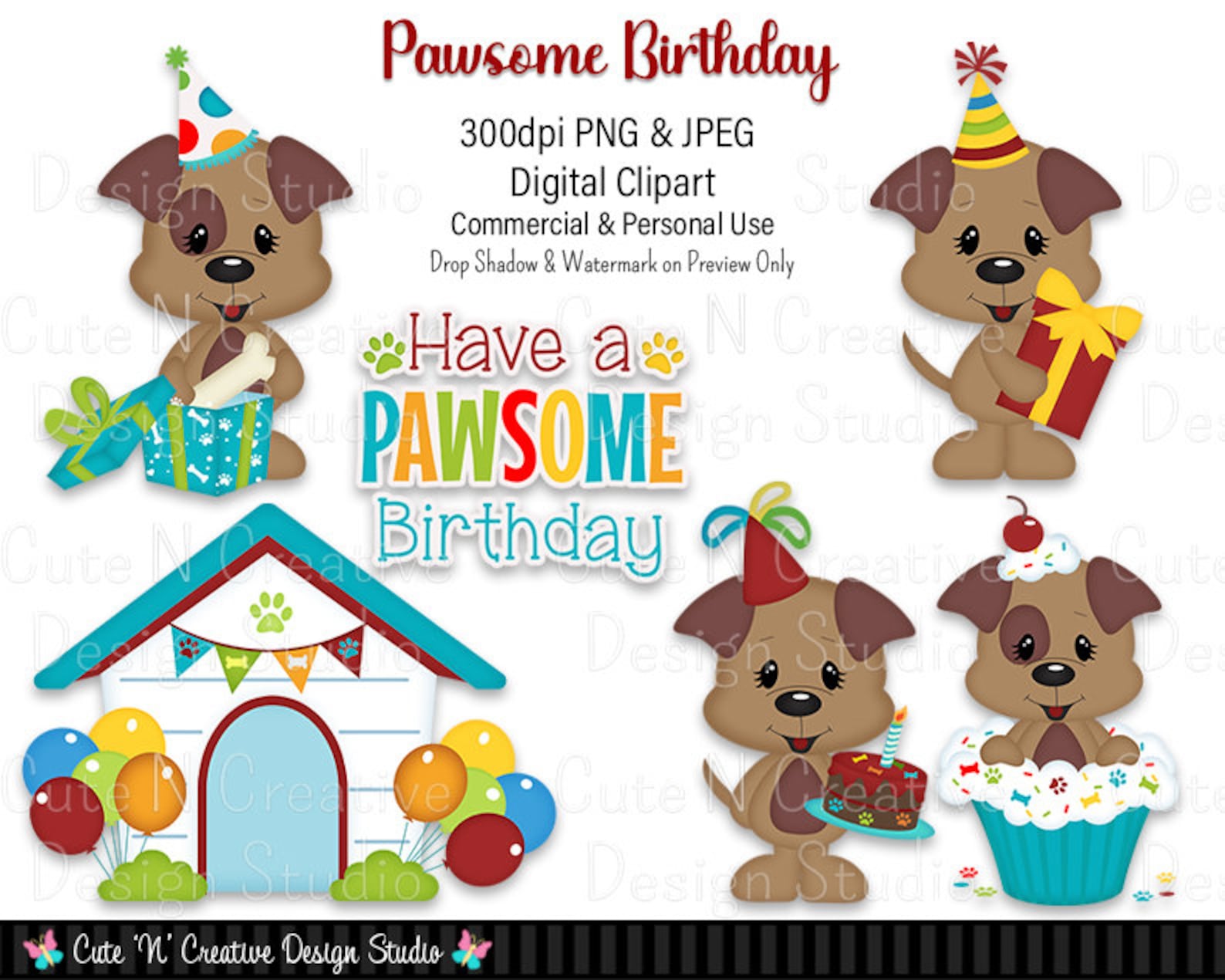 Pawsome Birthday Digital Clip Art Set ~ Graphics Kristi W Designs ...