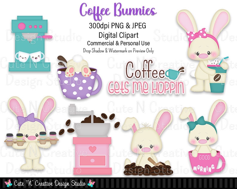 Coffee Bunnies Digital Clip Art Set ~ Graphics Kristi W Designs ...