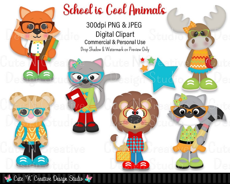 School is Cool Animals Digital Clip Art Set Graphics Kristi - Etsy