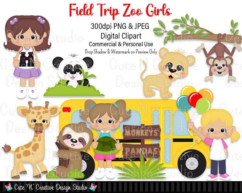 Field Trip Zoo Girls Digital Clip Art Set Graphics Kristi W Designs ...