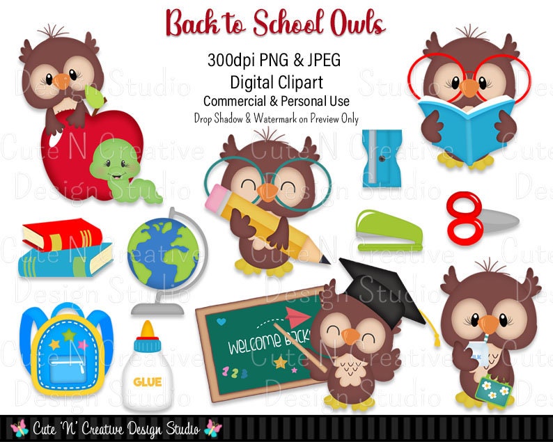 Back to School Owls Digital Clip Art Set ~ Graphics Kristi W Designs ...