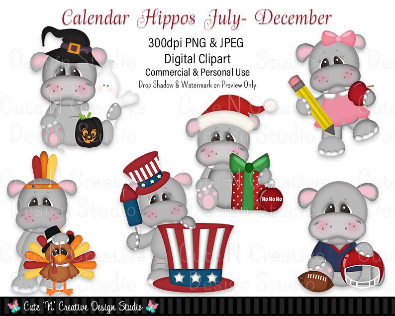 Calendar Hippos July- December Digital Clip Art Set ~ Graphics Kristi W ...