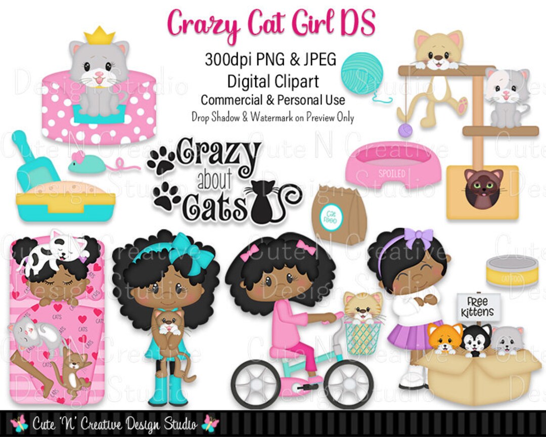 Crazy Cat Girl Ds Digital Clip Art Set Graphics Kristi W Designs Personal And Commercial Use