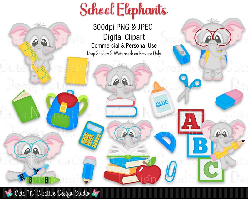School Elephants Digital Clip Art Set ~ Graphics Kristi W Designs ...