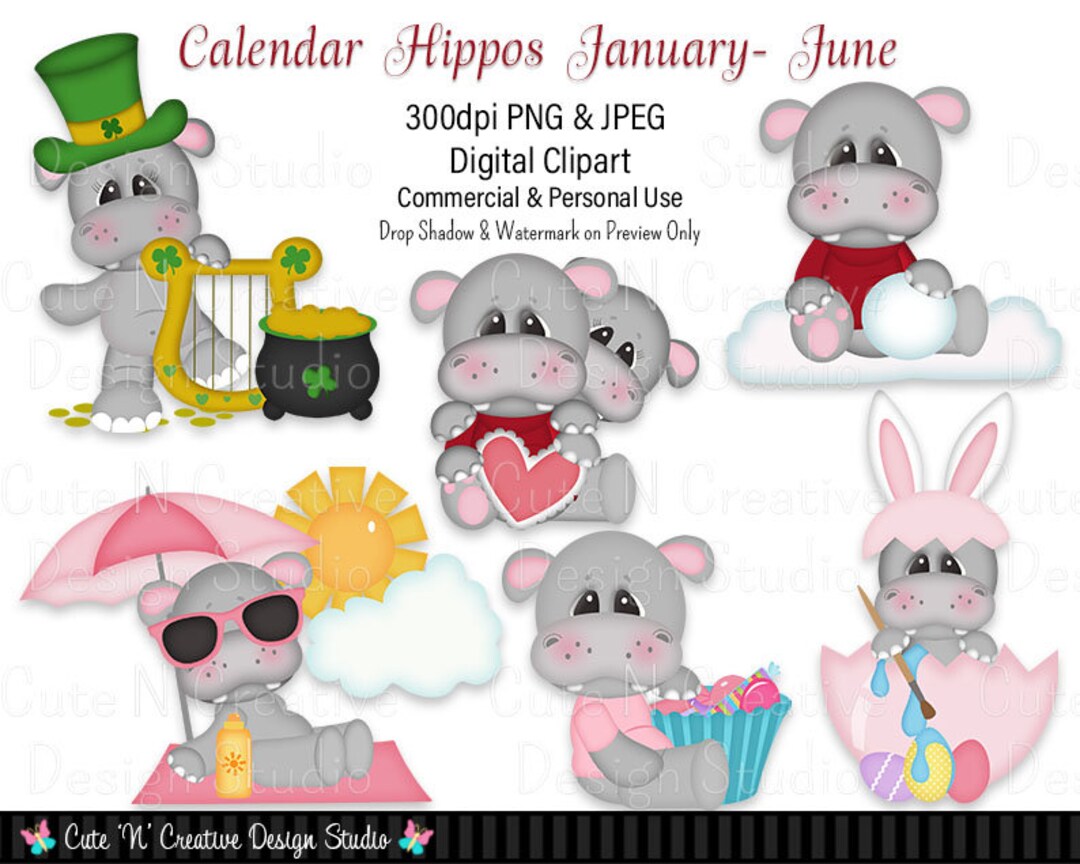 Calendar Hippos January - June Digital Clip Art Set ~ Graphics Kristi W ...