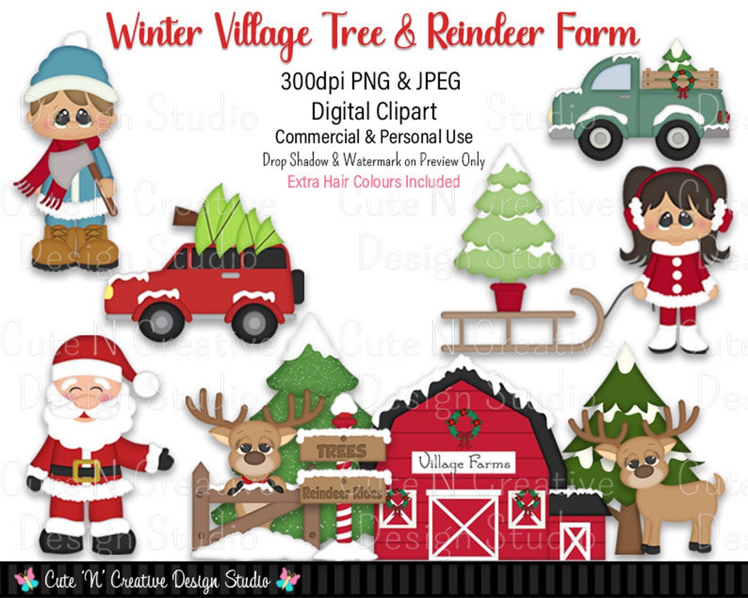 Winter Village Tree & Reindeer Farm Digital Clip Art Set ~ Graphics ...
