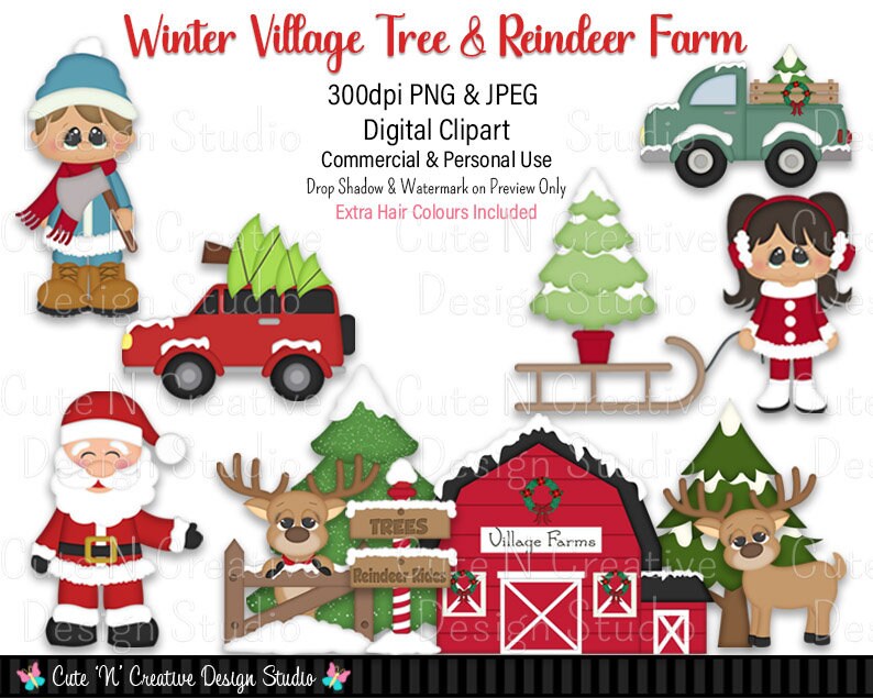 Winter Village Tree & Reindeer Farm Digital Clip Art Set ~ Graphics ...