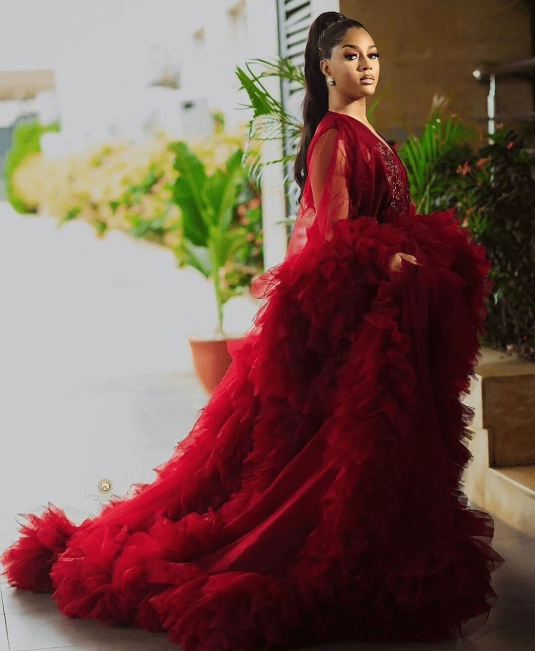 Luxury Tulle Ruffled Bridal Robe/ Full Elegant Bridal Robe/ Wine Kimono ...