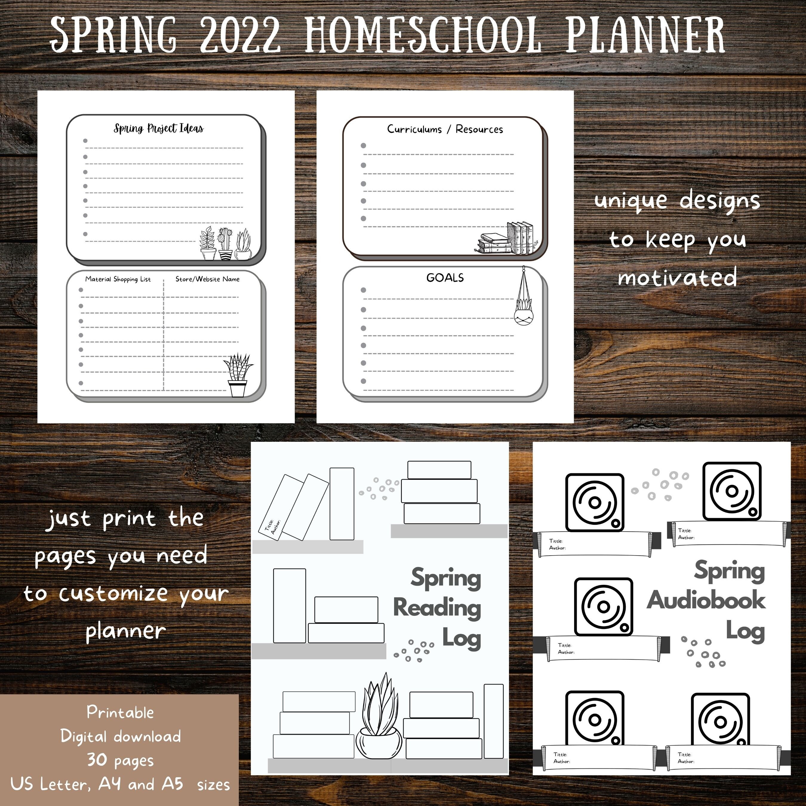 Seasonal Spring Homeschool Planner 2022, Black and White Printable ...