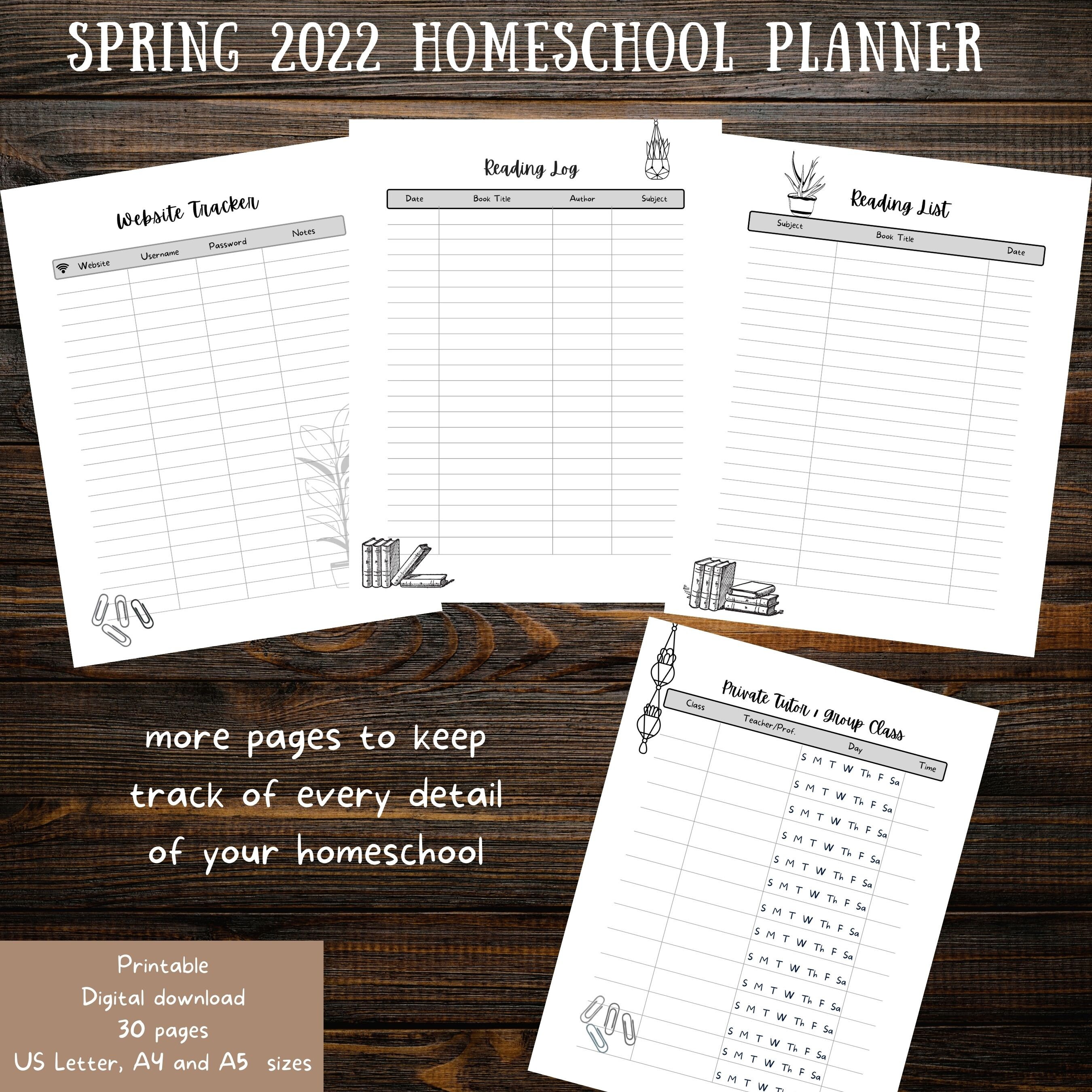 Seasonal Spring Homeschool Planner 2022, Black and White Printable ...