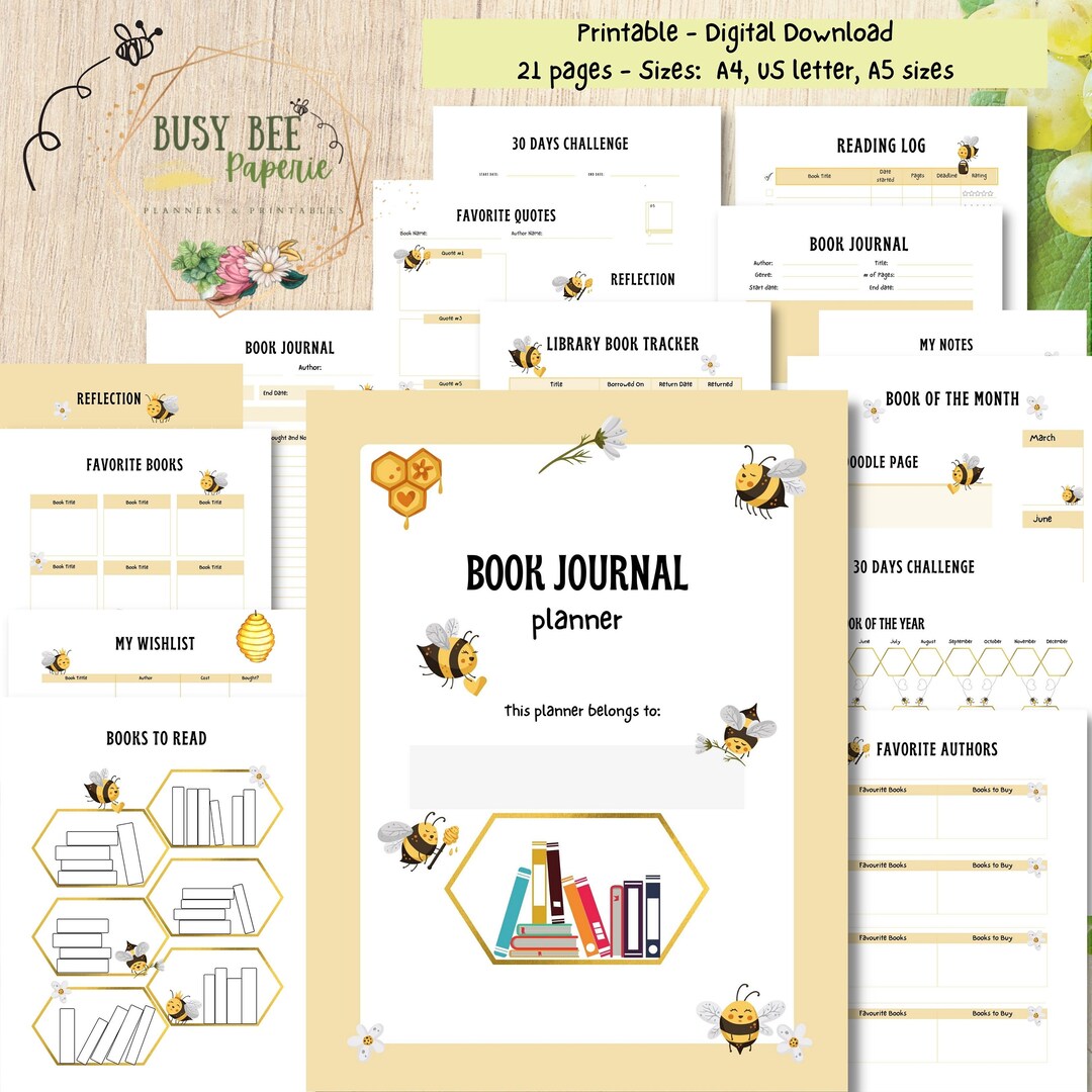 Busy Bee Book Journal Planner 21 Pages Printable Reading Planner ...