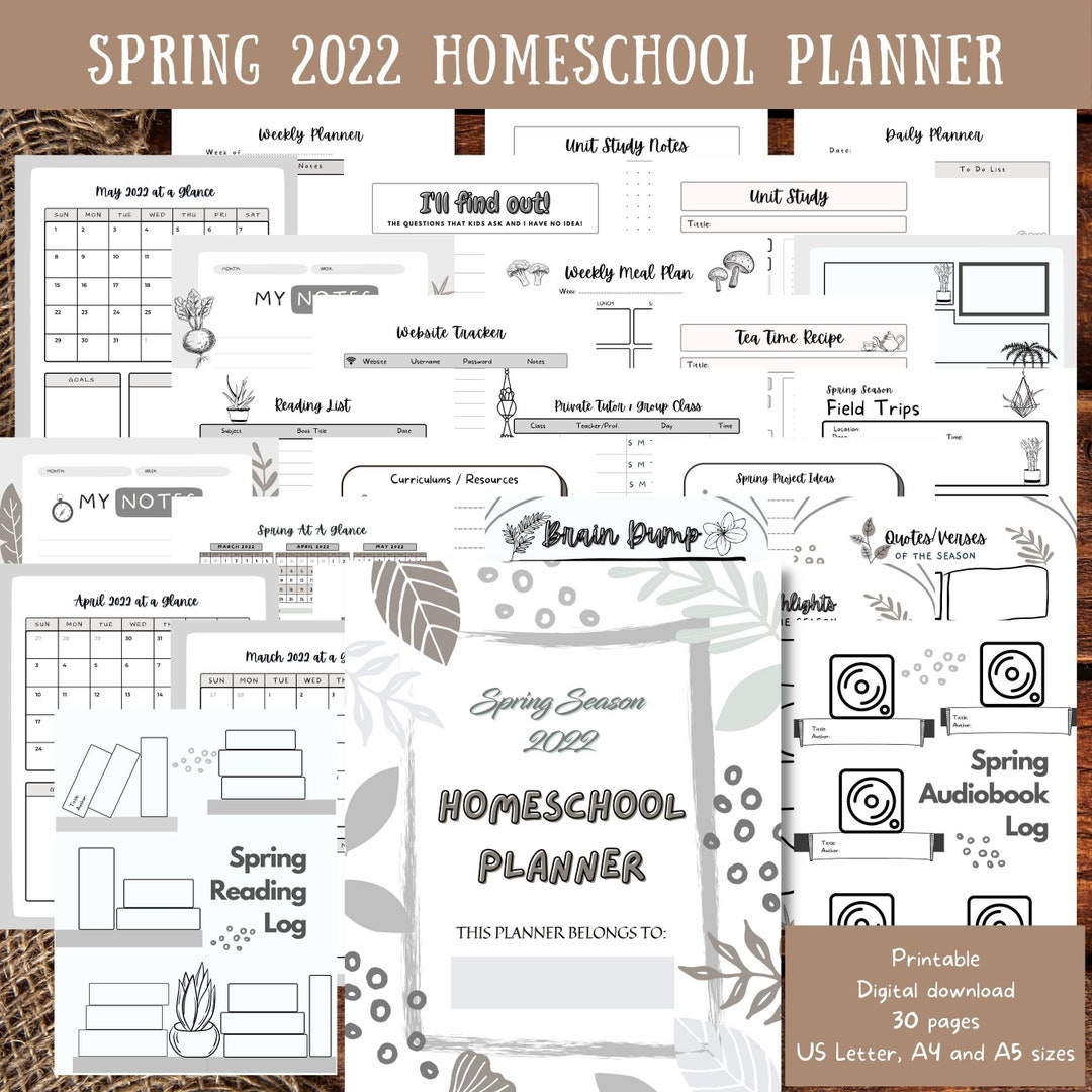 Seasonal Spring Homeschool Planner 2022, Black and White Printable ...