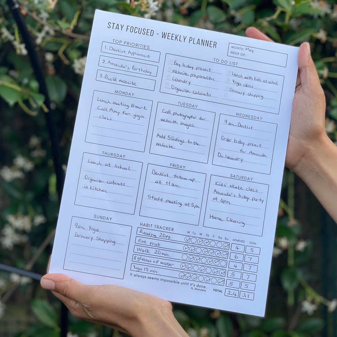 Stay Focused Weekly Planner, Printed Weekly Habit Tracker, Printed Tear ...